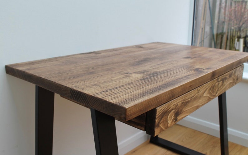 Office Desk With Drawer on Trapezium Steel Legs Handmade From Solid ...