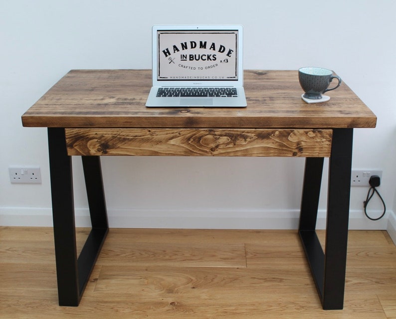 Office Desk With Drawer on Trapezium Steel Legs Handmade From Solid ...
