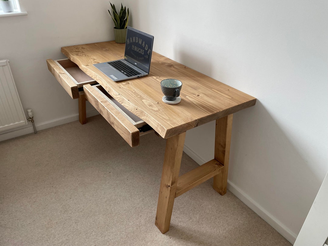 Live Edge Desk Solid Wood With 2 Drawers on Wood A Frame Legs Handmade ...