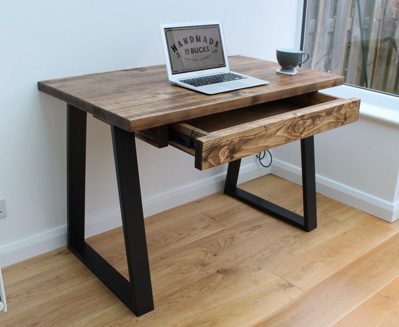 Office Desk With Drawer on Trapezium Steel Legs Handmade From Solid ...