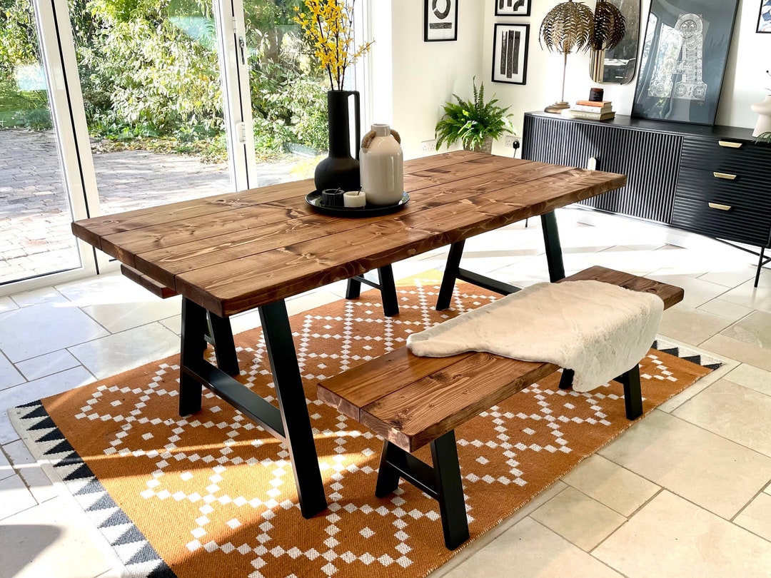 Chunky Solid Wood Dining Table and Bench Set: Steel A-frame Legs Handmade - Etsy UK