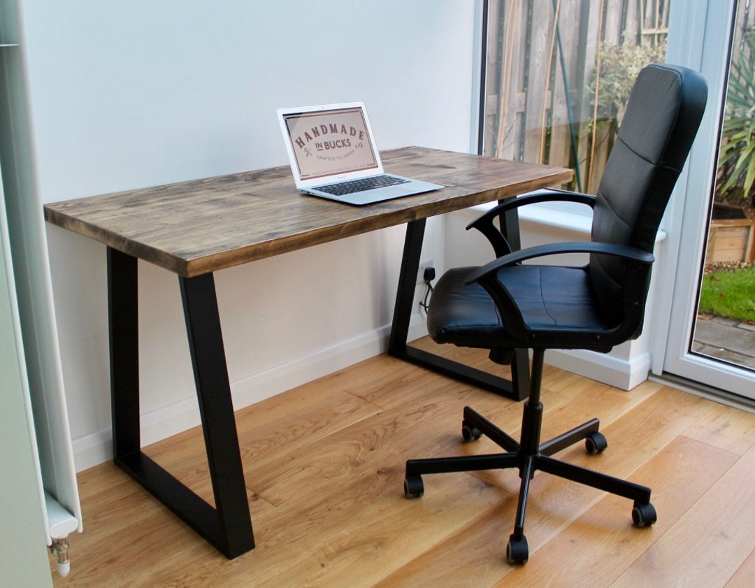 Rustic desk on trapezium black, white or steel legs handmade from ...