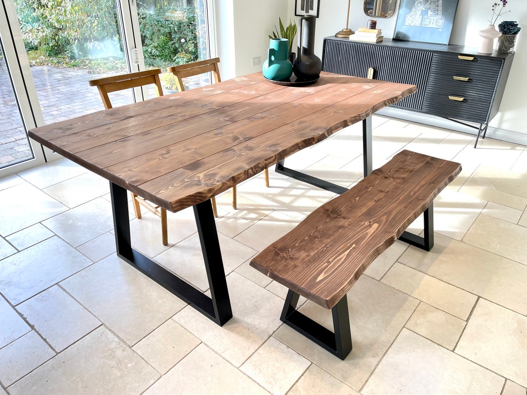 Live Edge Farmhouse Dining Table and Bench Set on Trapezium Steel Legs ...