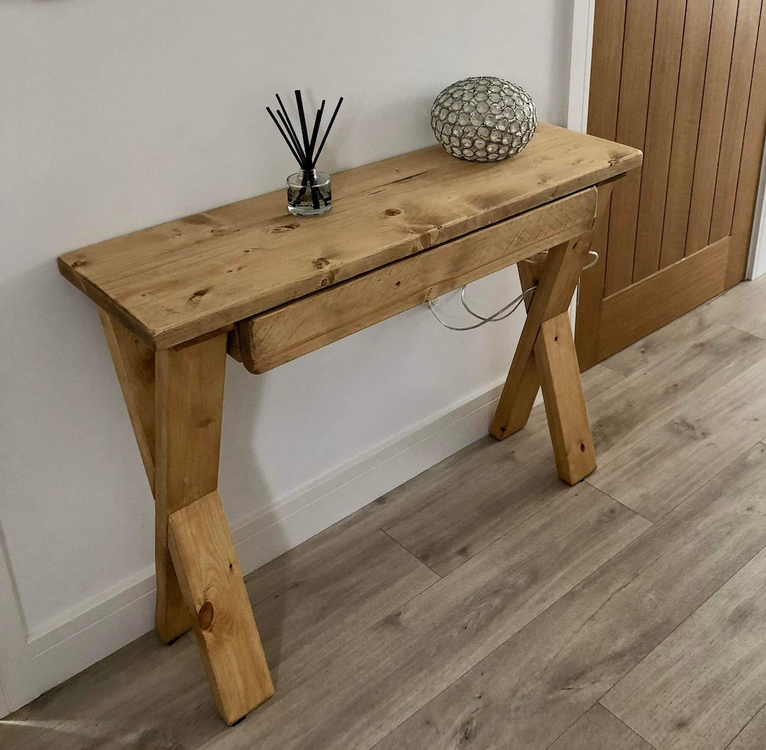 Rustic Console Hallway Narrow 75cm Table With Drawer on Timber X-frame ...