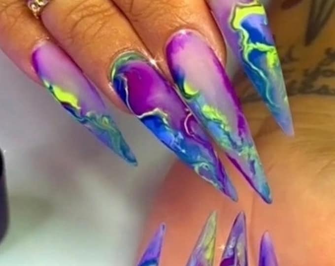 BLUE MARBLE - Gel Press on Nails| Reusable Nails | Long Nails | Gifts ...