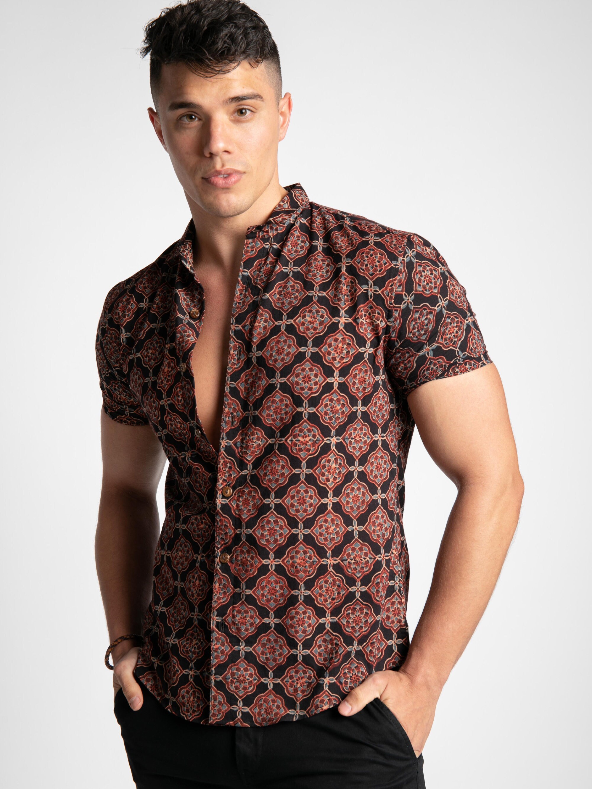 Men's Slim Fit Block Printed Cotton Shirt Farsh Black - Etsy