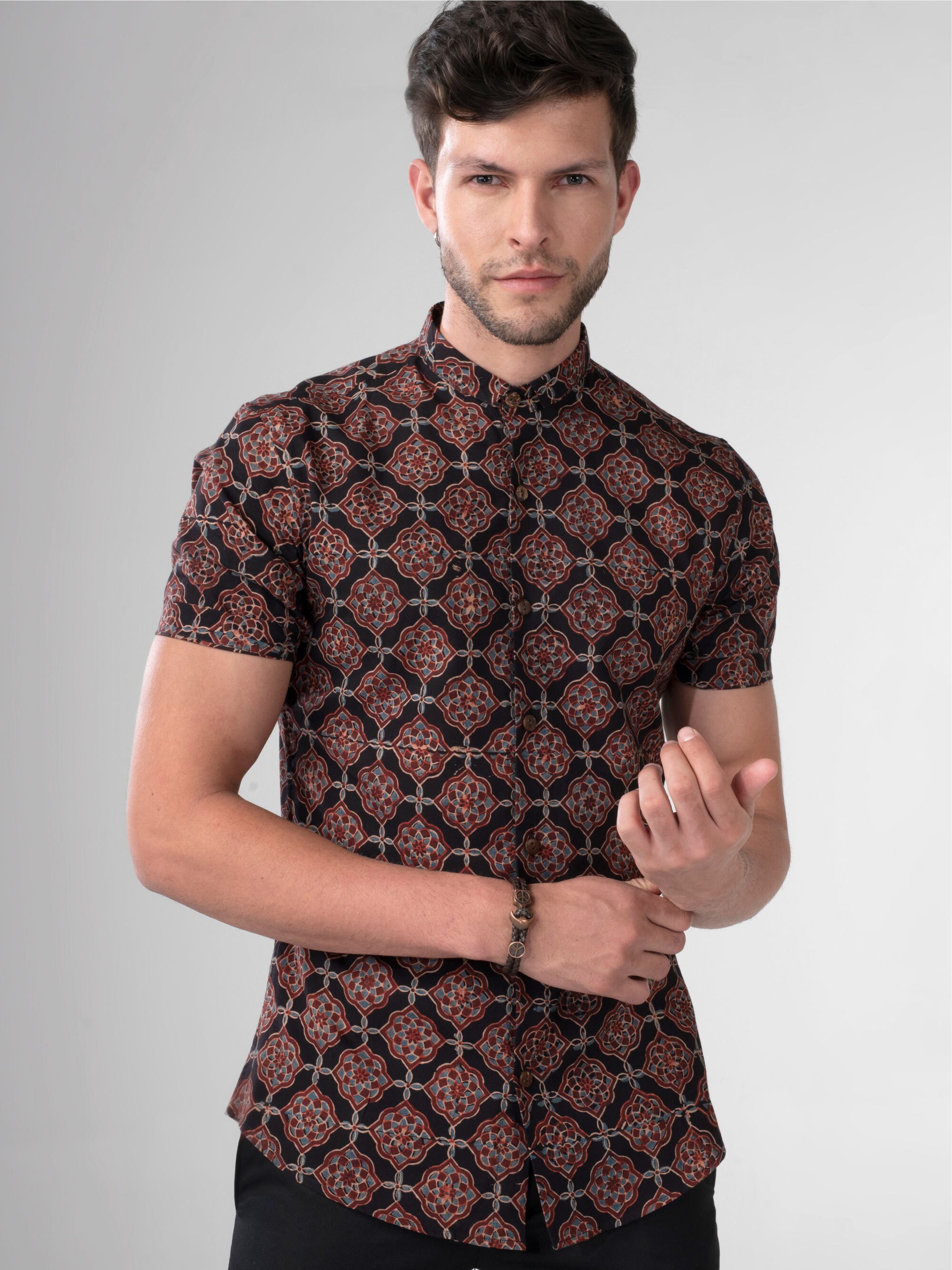 Men's Slim Fit Block Printed Cotton Shirt Farsh Black - Etsy
