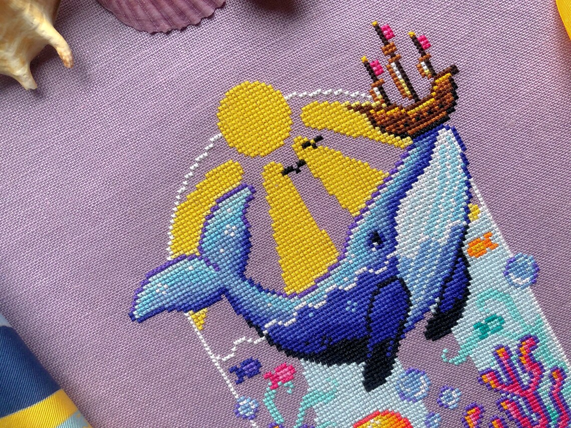 Whale With Boat - Blue Whale Cross Stitch - Ocean Cross Stitch - Sea ...