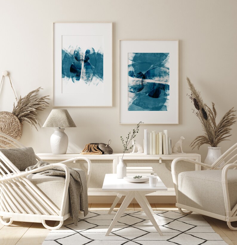 Abstract Art Printable Set of 2 Navy Teal Blue Tone - Etsy