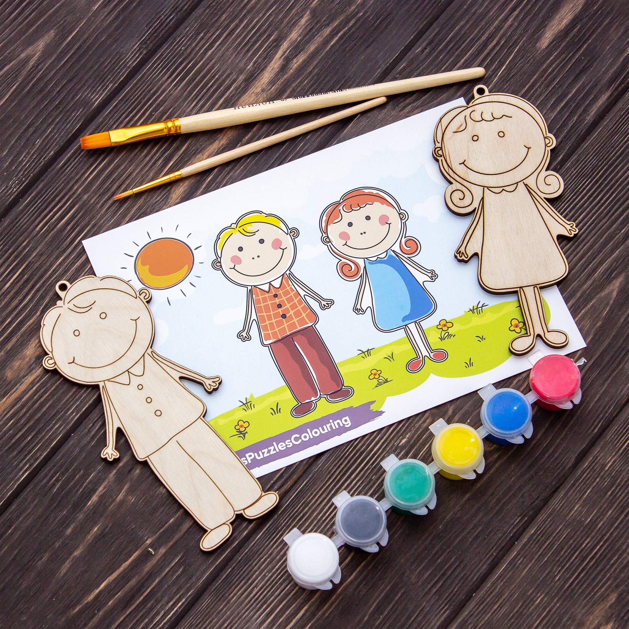Wooden Coloring for Kids "big Family", Coloring Set, Diy Craft ...