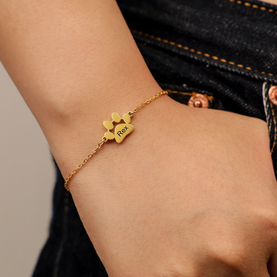 Personalized Tiny Dog Paw Bracelet, Paw Print Name Bracelet, Minimalist ...