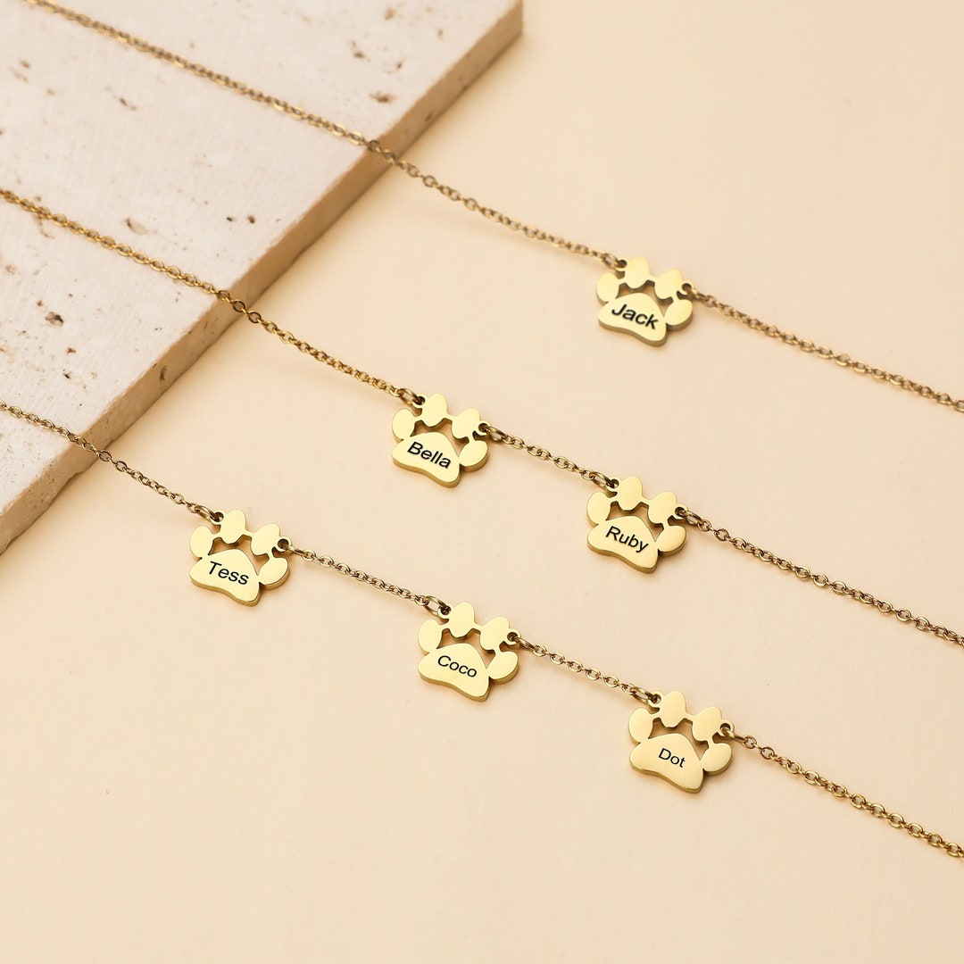 Paw Print Name Necklace, Personalized Tiny Dog Paw Necklace, Minimalist ...