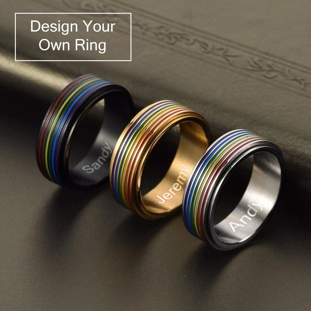 Engraved LGBT Ring for Men, Custom Rainbow Ring, Stainless Steel Ring ...