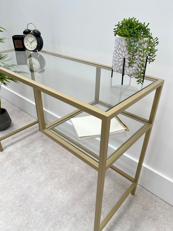 Glass Metal Office Desk Gold Etsy