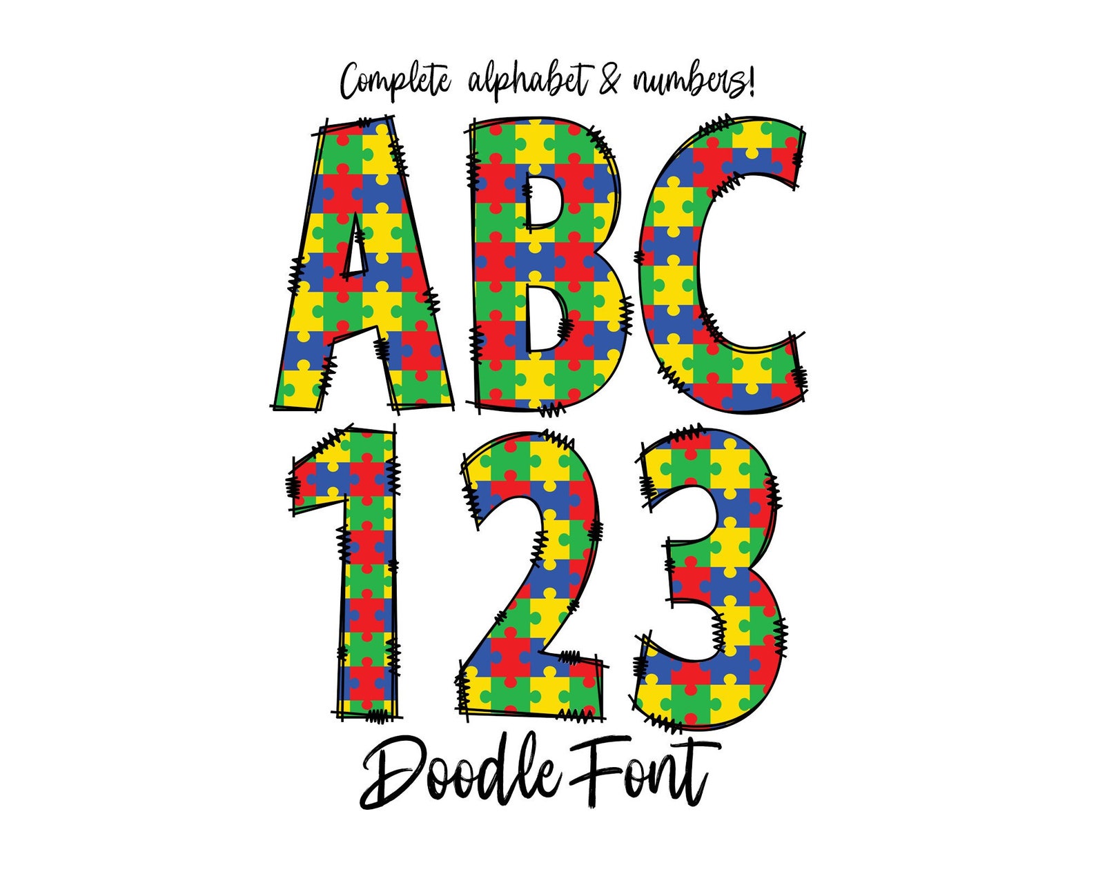 Autism Puzzle Piece Doodle Font Letters, Autism Awareness Doodle ...