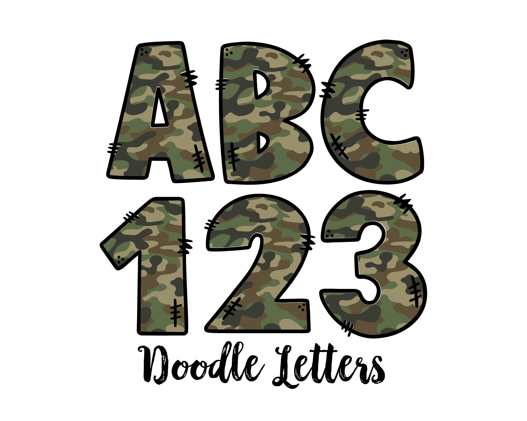 Green Camo Doodle Font Bundle, Doodle Font Letters, Letters Png ...