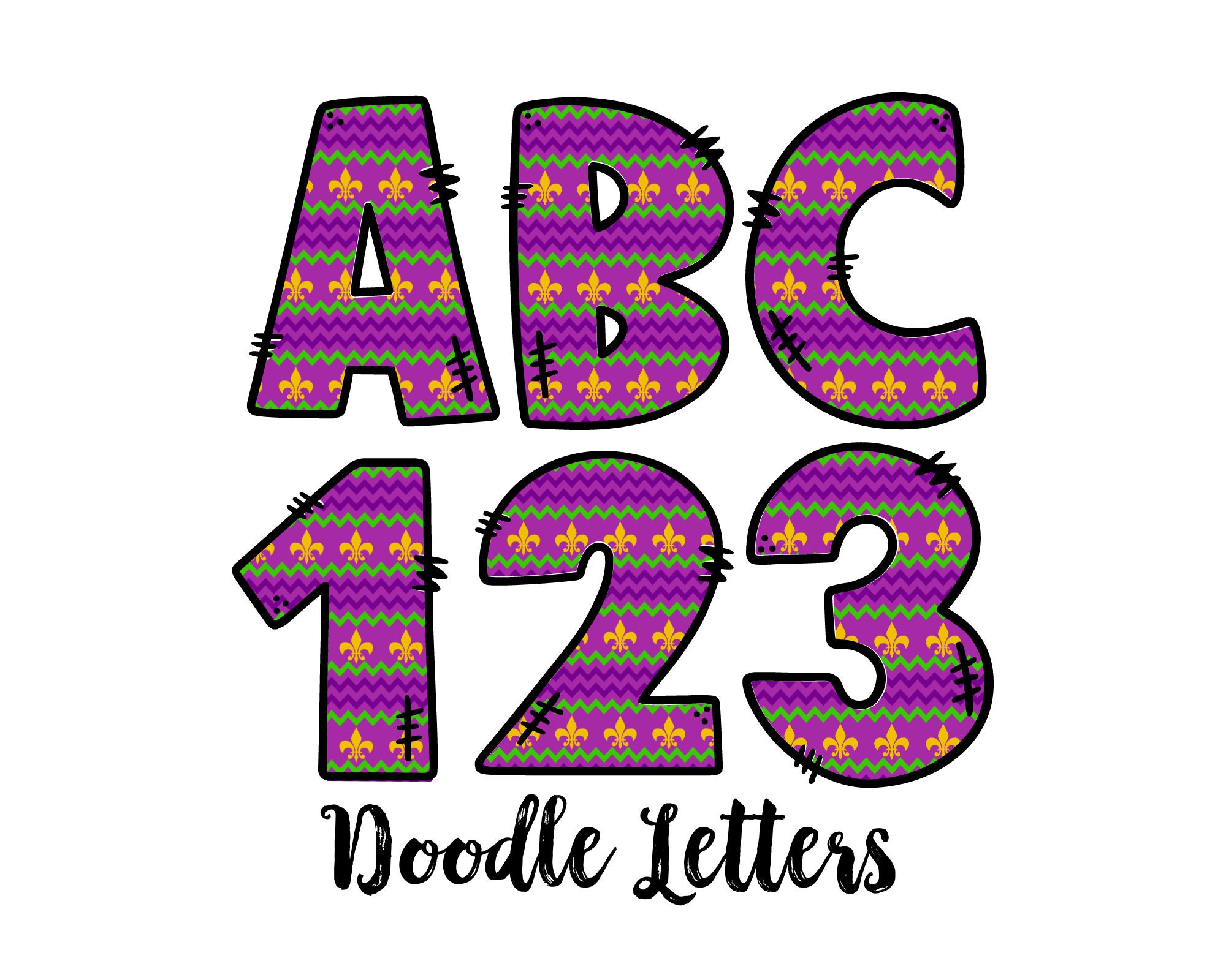 Doodle Font Letters Mardi Gras Doodle Letters Png Fleur De - Etsy