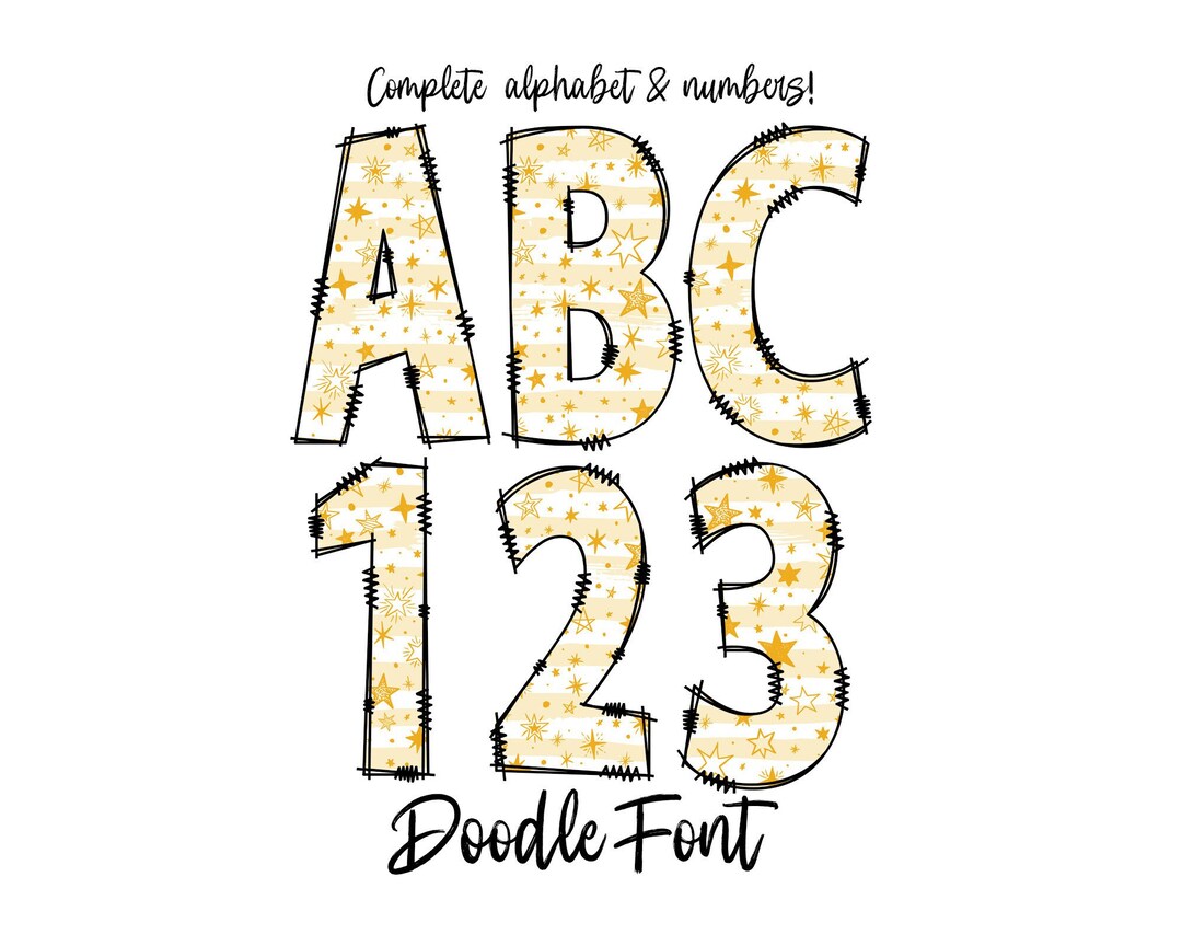 Gold Star Doodle Font Letters, Alpha Pack, Doodle Letters Png ...