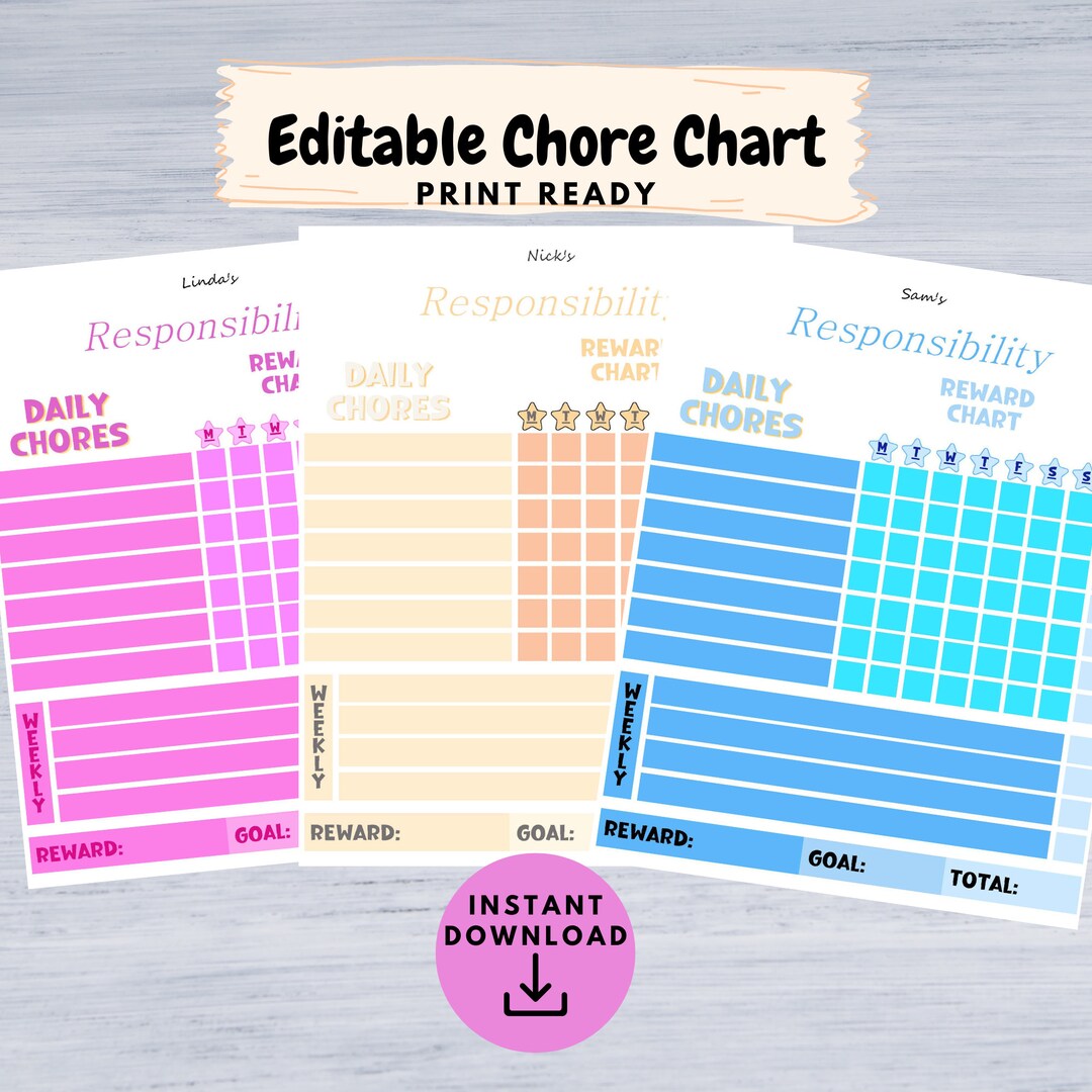 Chore Chart for Kids, Family Chore Chart, Editable PDF, Responsibility ...