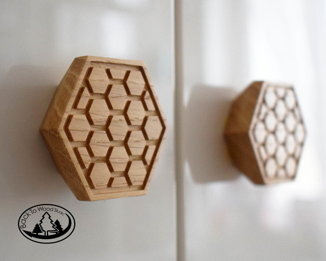 Wooden Hexagonal Handles, Engraved Honeycomb Pattern, Wood Drawer Knobs ...