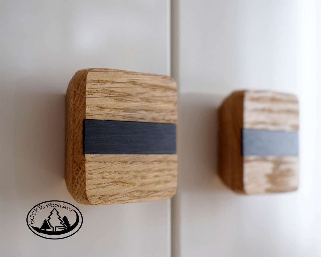 Wooden Square Handles With Single Black Decor, Wood Drawer Knobs, Oak ...