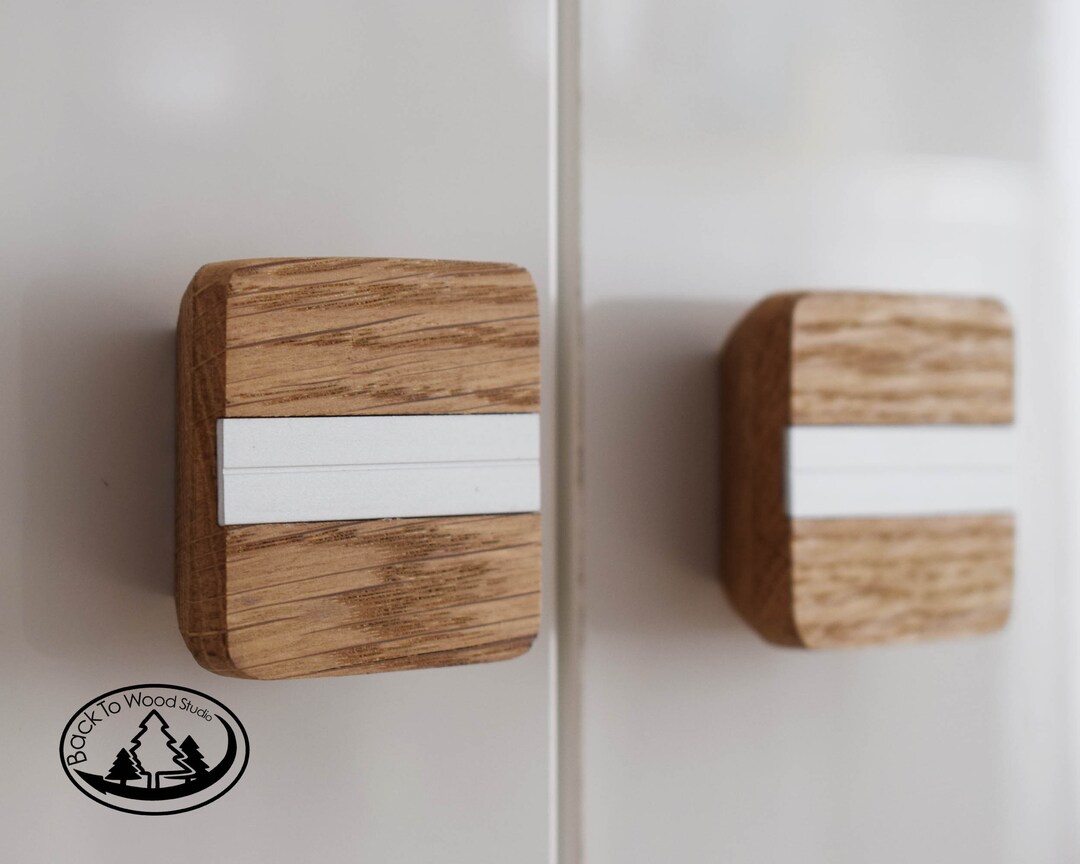 Wooden Square Handles With Single Silver Decor, Wood Drawer Knobs, Oak ...