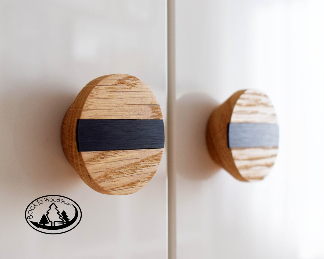Wooden Round Handles With Single Black Decor, Wood Drawer Knobs, Oak ...