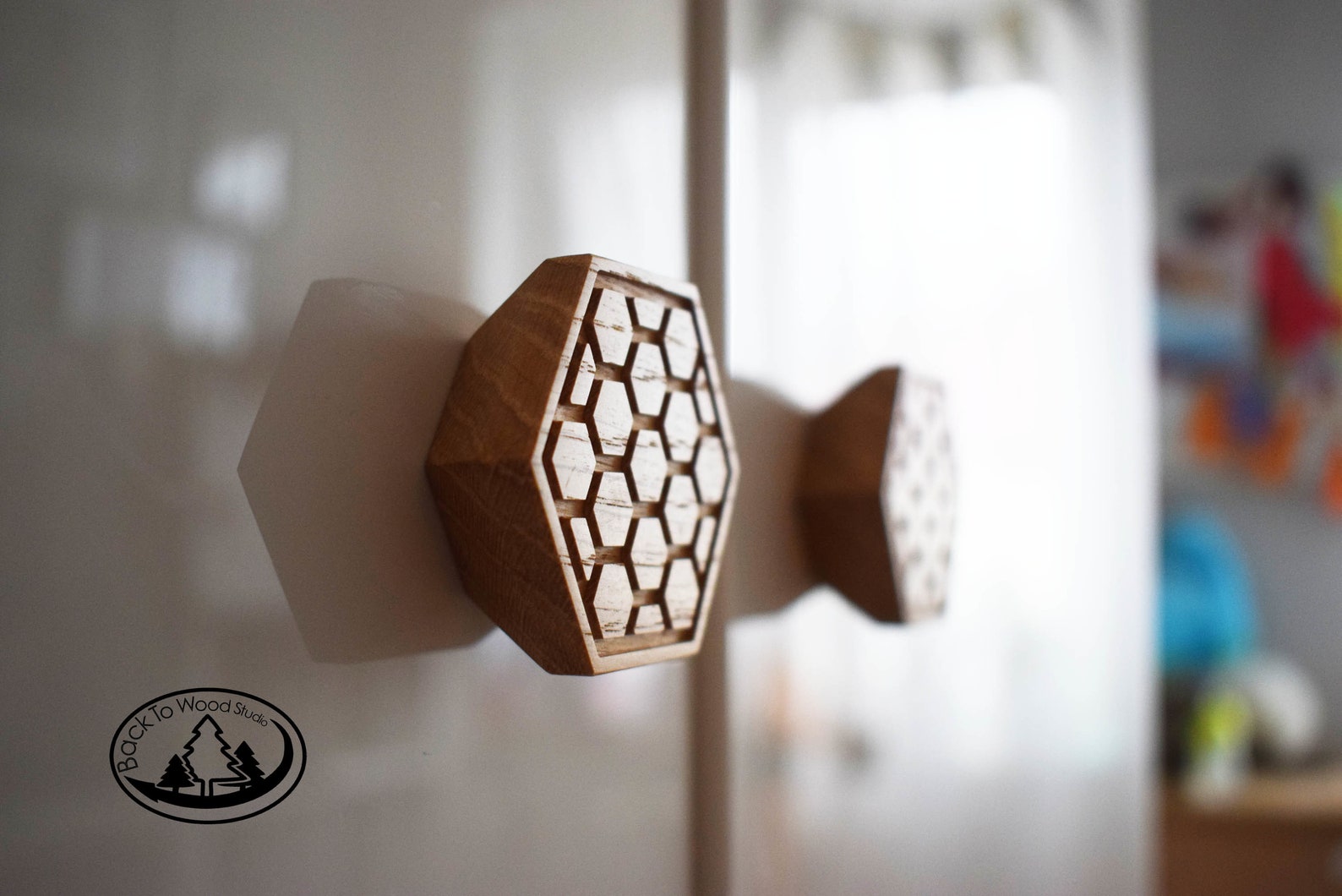 Wooden Hexagonal Handles, Engraved Honeycomb Pattern, Wood Drawer Knobs ...