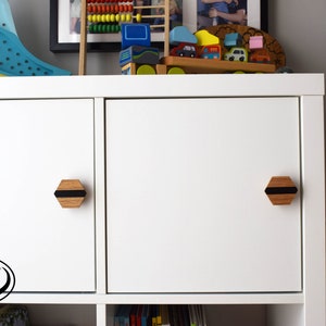 Wooden Hexagonal Handles With Single Black Decor, Wood Drawer Knobs ...