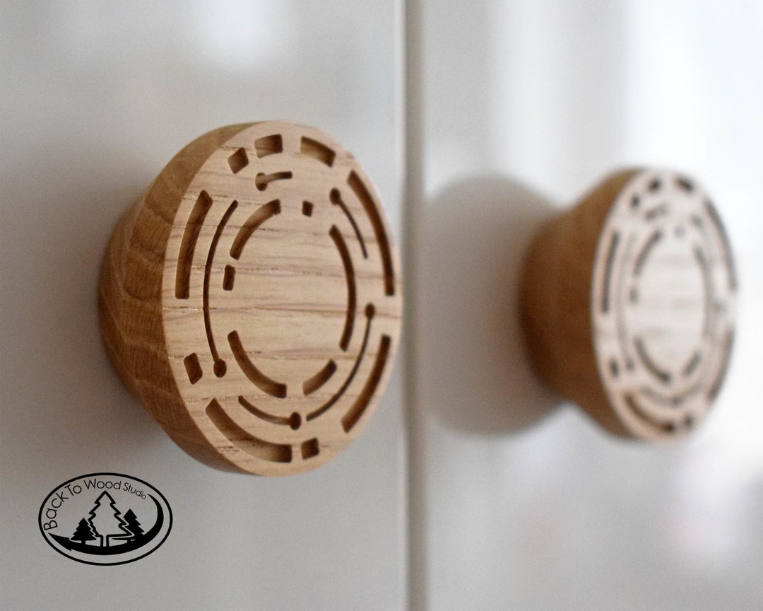 Wooden Round Handles, Engraved Futuristic Pattern, Wood Drawer Knobs ...