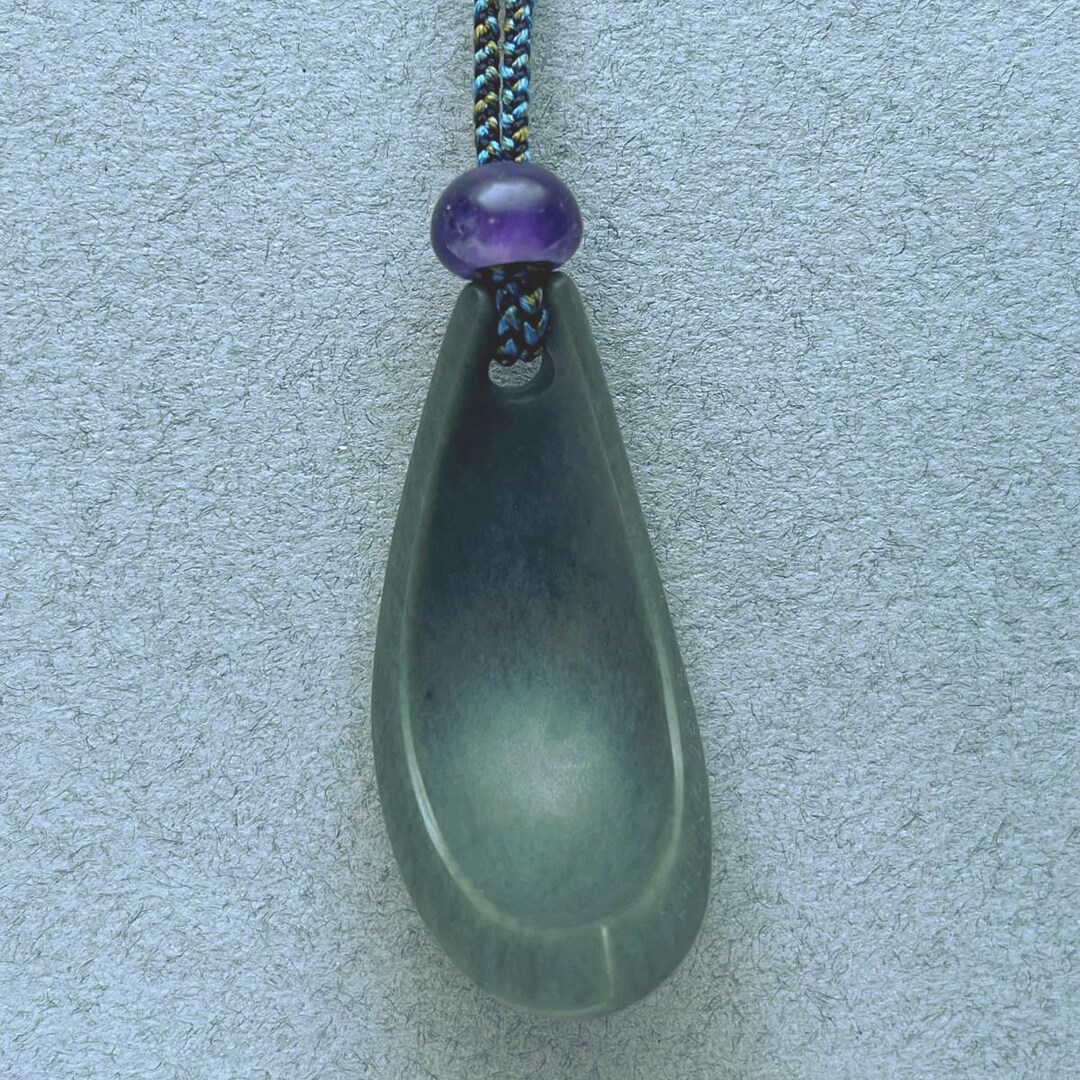 Long Olive Textured Nut Hull, Hand Carved Jade Pendant With Amethyst ...