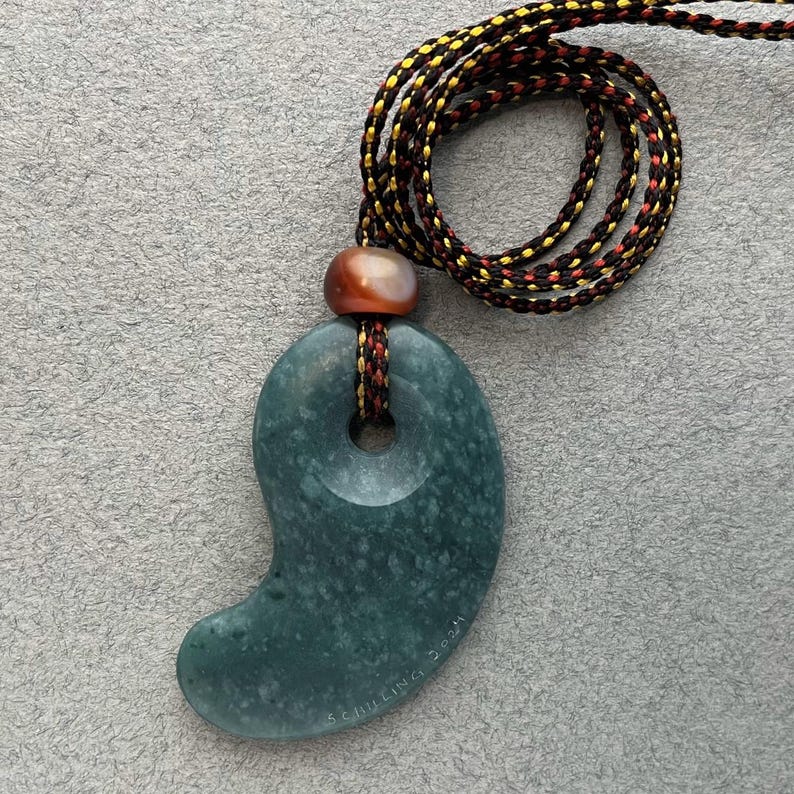 Hand Carved Jade Pendant, "blue Magatama", With Carnelian Beads and ...