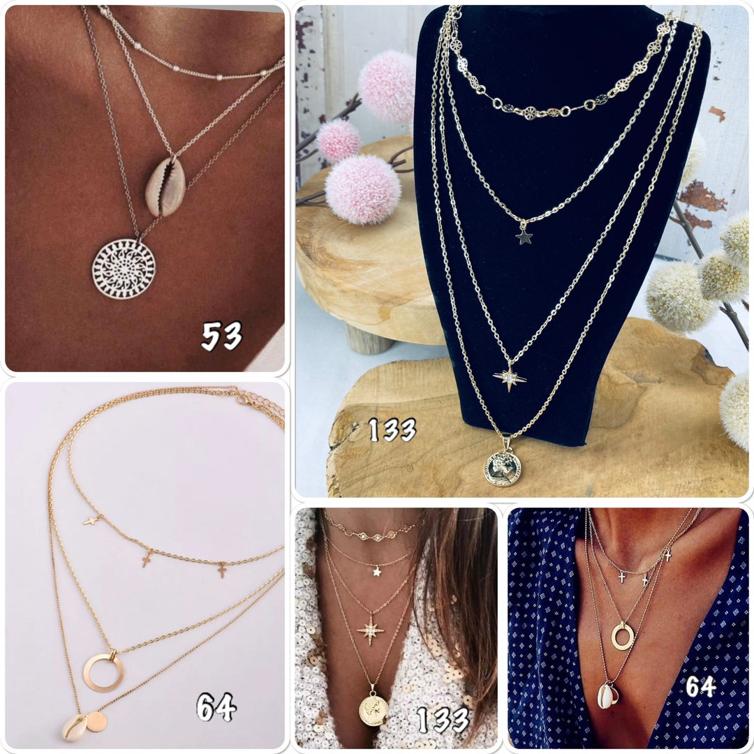 Multi-row Shell Necklace With Gold or Silver Medal, Multi-chain Medal ...