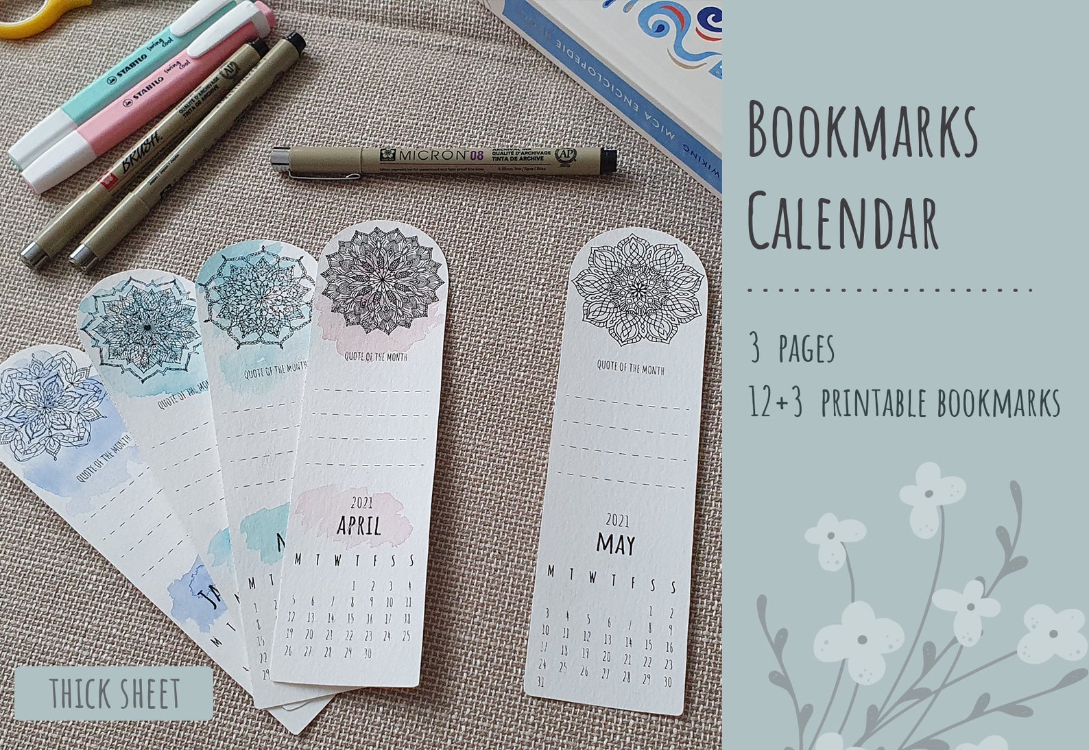 Printable Bookmarks Calendar With Mandala Themes| 2024 and 2025 | PDF ...