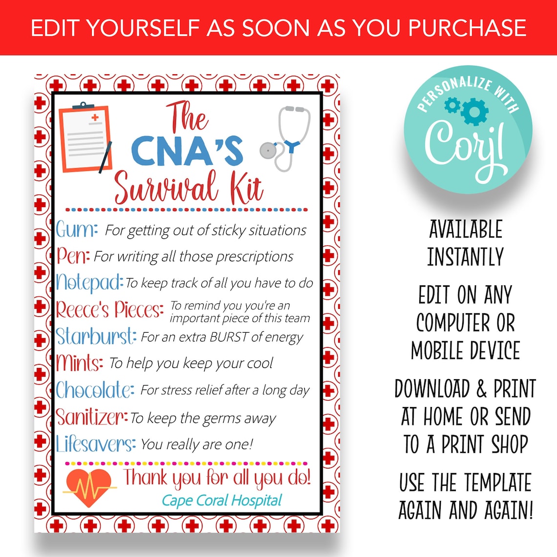 EDITABLE CNA'S Survival Kit Tag | CNA Appreciation Gift Idea | Medical ...