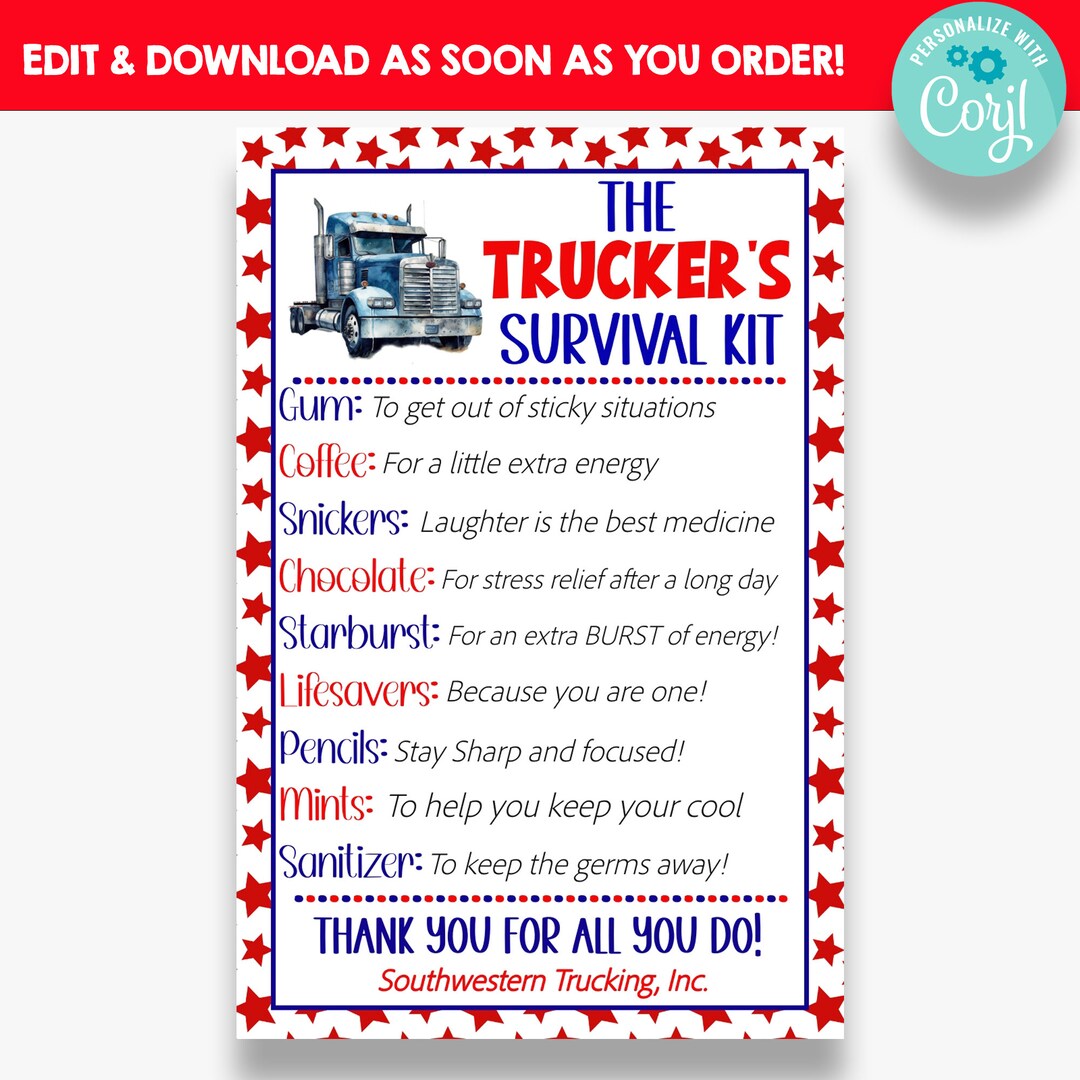 EDITABLE the Trucker's Survival Kit Gift Tag | Truck Driver ...