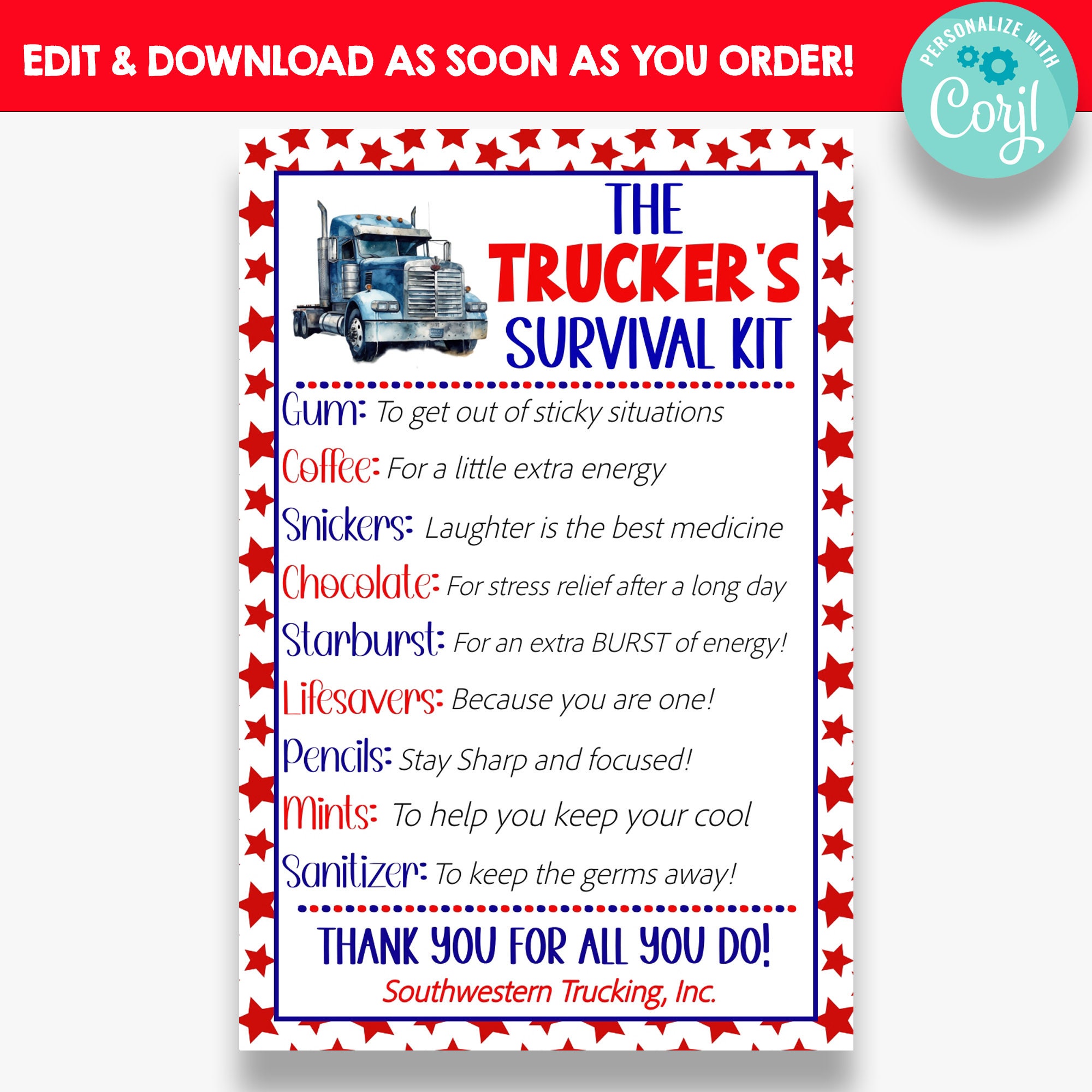 EDITABLE the Trucker's Survival Kit Gift Tag | Truck Driver ...