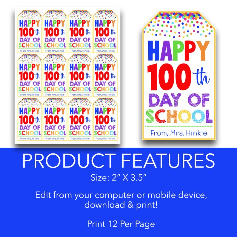 EDITABLE Happy 100th Day of School Treat Bag Tags | Printable 100th Day ...