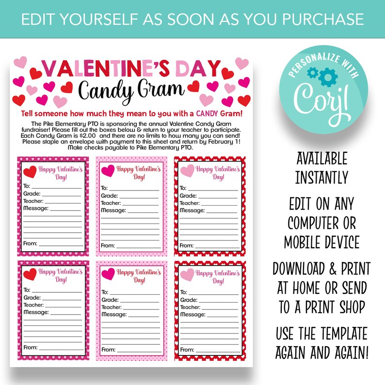 EDITABLE Valentine's Day Candy Gram Flyer Valentine - Etsy