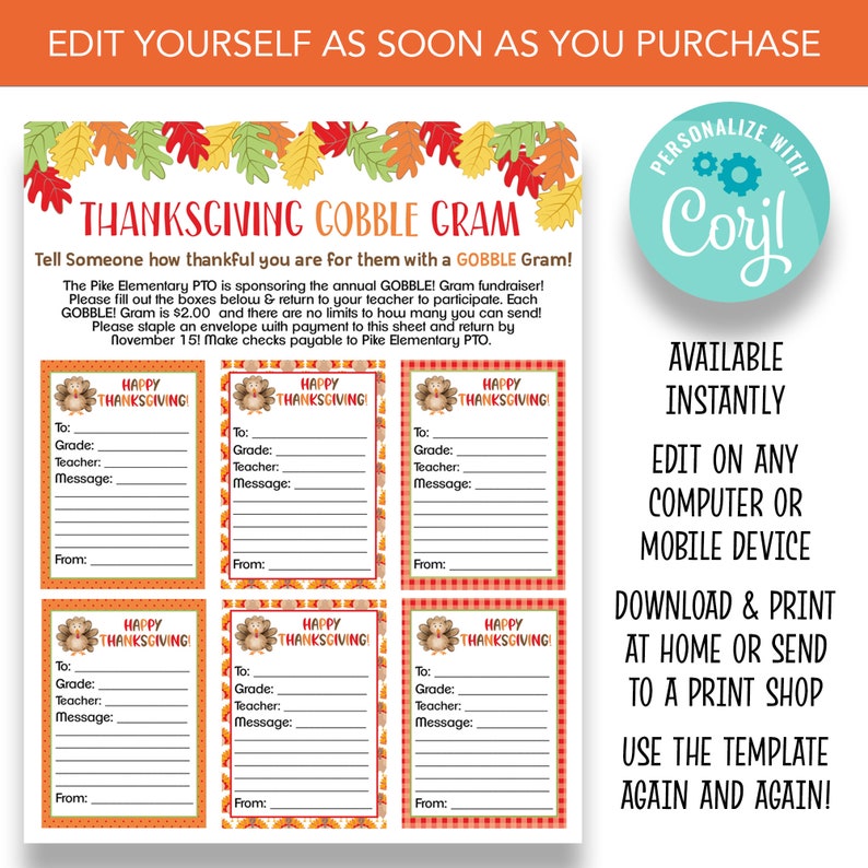 EDITABLE Thanksgiving Gobble Gram Flyer | Candy Gram Fundraiser ...