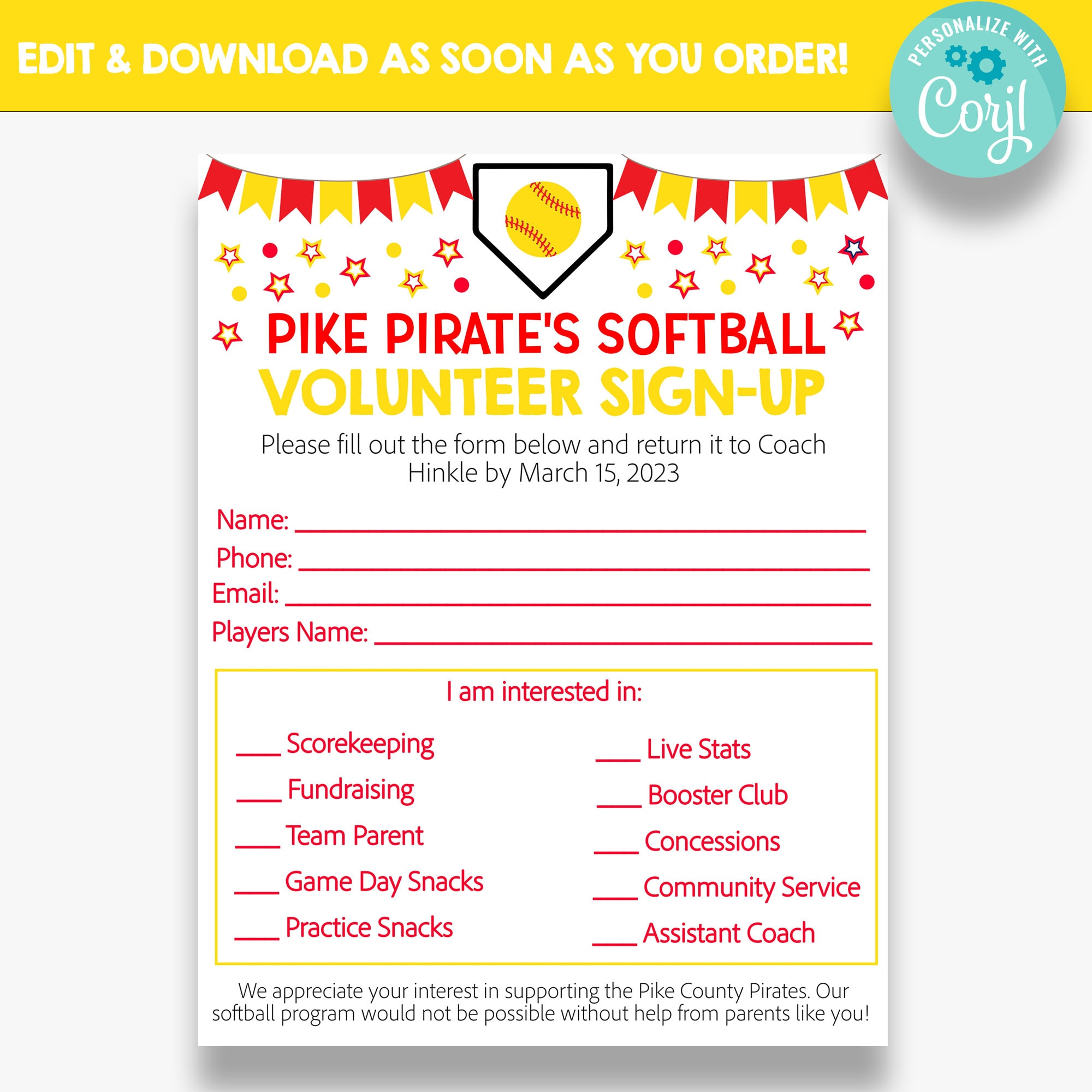 EDITABLE Softball Volunteer Sign up Form Printable Sports - Etsy