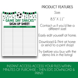 EDITABLE Soccer Game Day Snack Sign up Sheet | Game Day Snacks Sign up ...