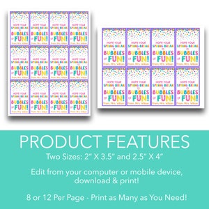 EDITABLE Pastel Hope Your Spring Break is Bubbles of Fun Treat Bag Tags ...