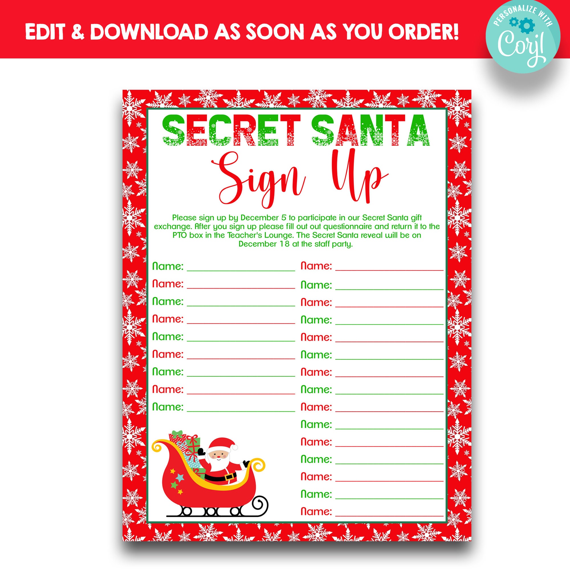 EDITABLE Secret Santa Questionnaire and Sign up Form | Secret Santa ...