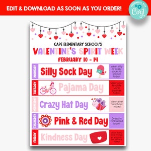 EDITABLE Valentine's Day Spirit Week Flyer | School Valentine Dress up ...