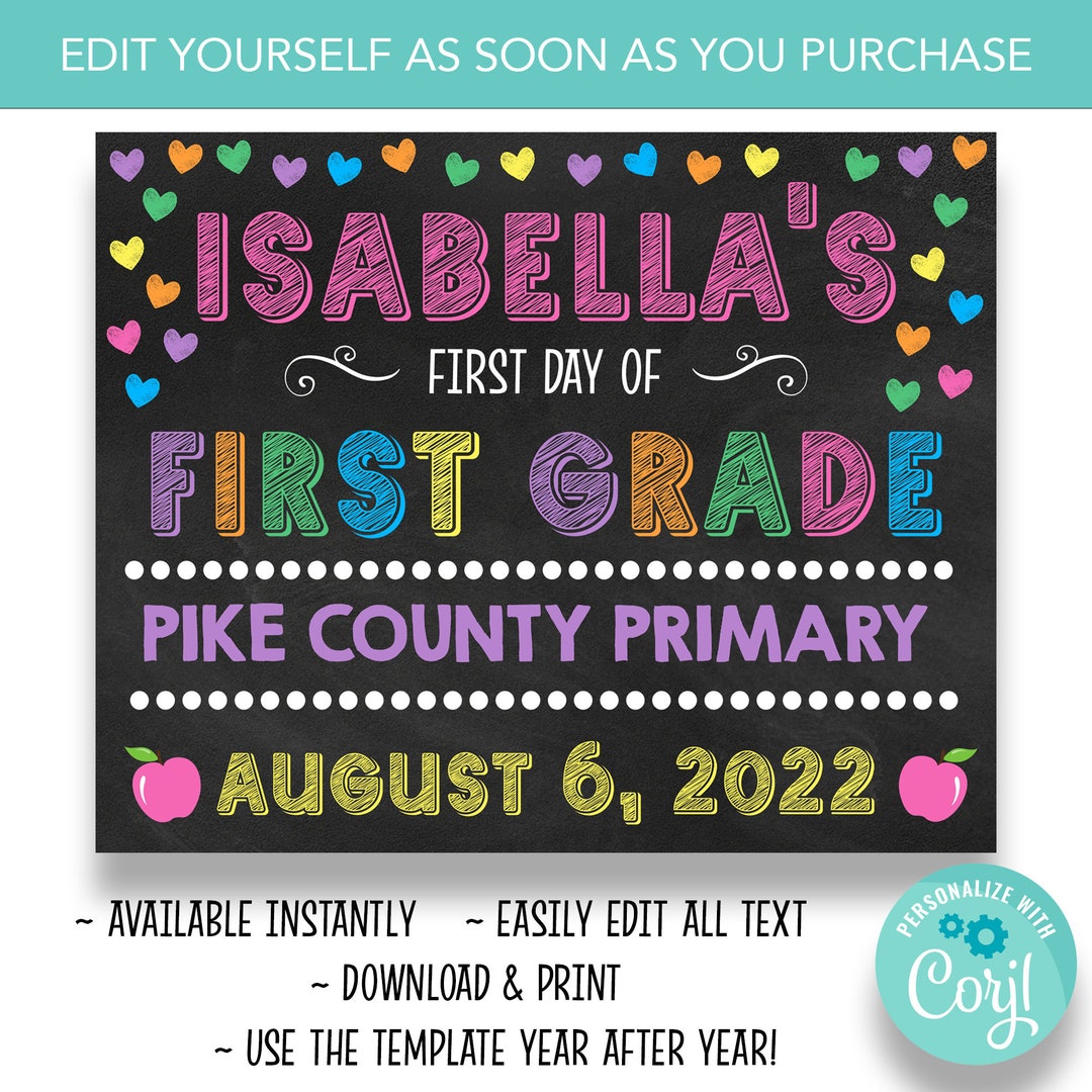 Editable Personalized First Day of First Grade Sign | Pastel Chalkboard ...