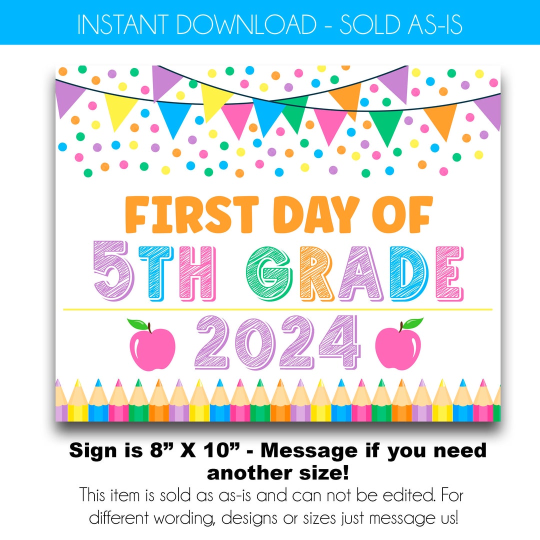 Pastel First Day of Fifth Grade Sign Pastel Printable Back to School ...