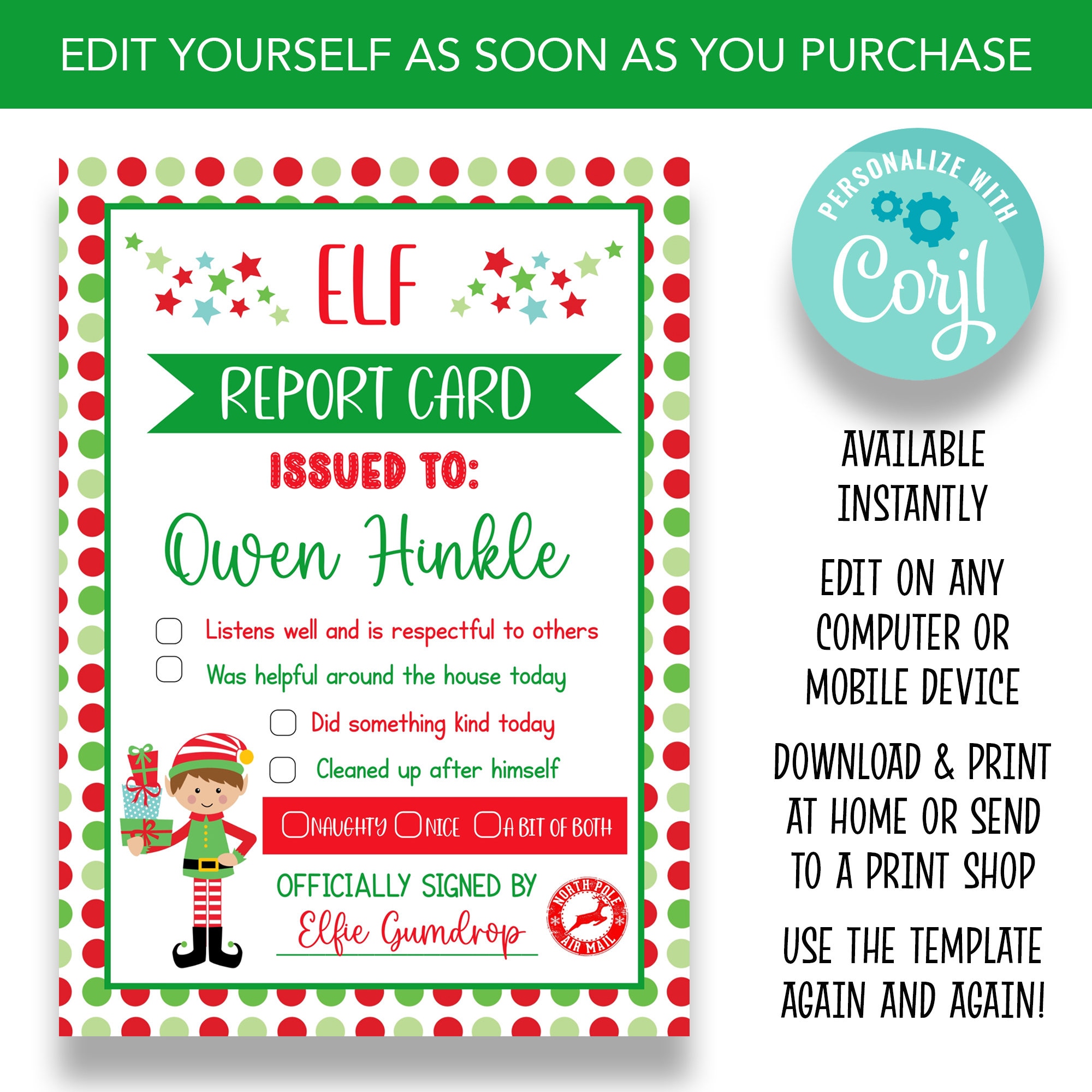 EDITABLE Boy Elf Report Card Printable Elf Report Card - Etsy