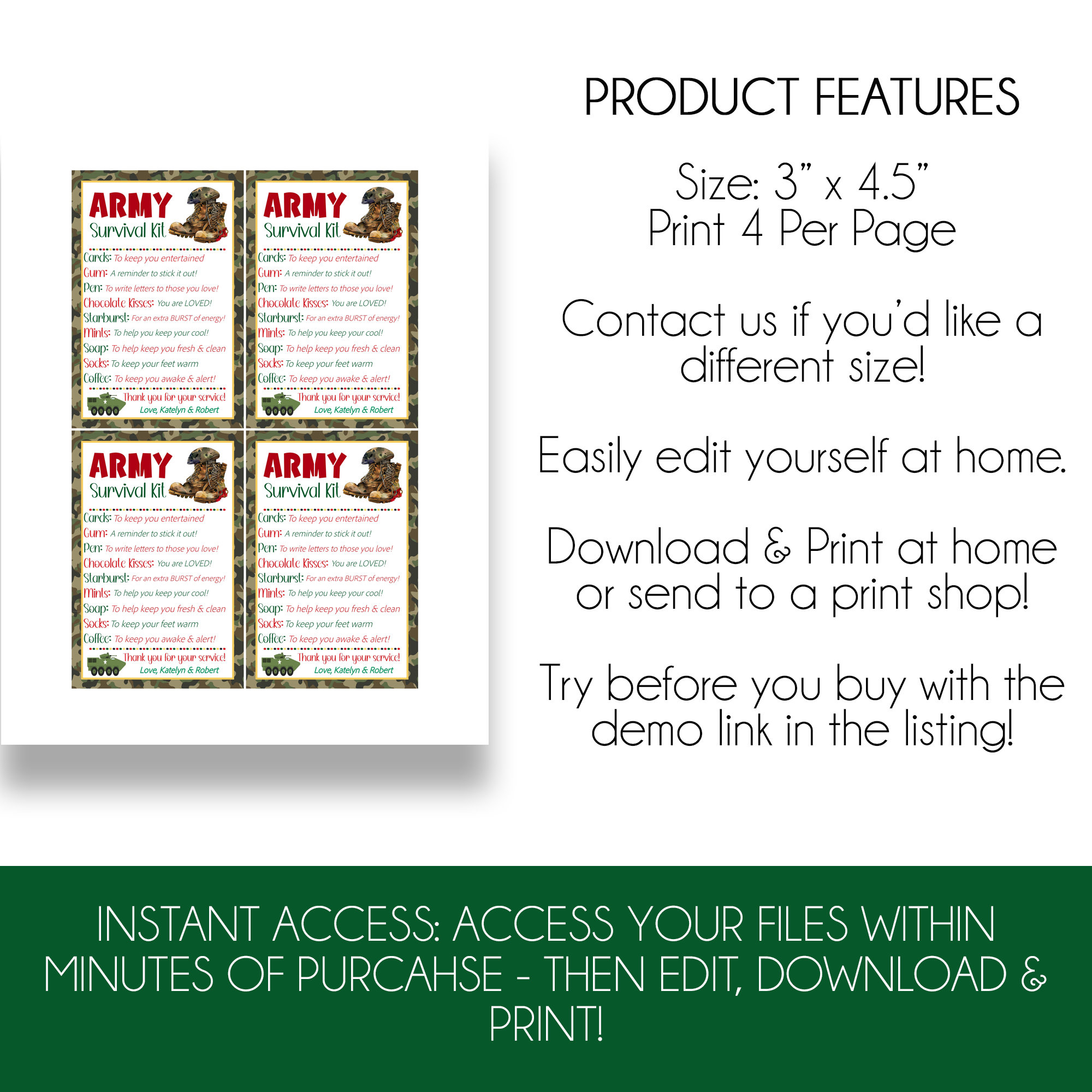 EDITABLE Army Survival Kit Tag | Army Deployment Gift Idea | Military ...