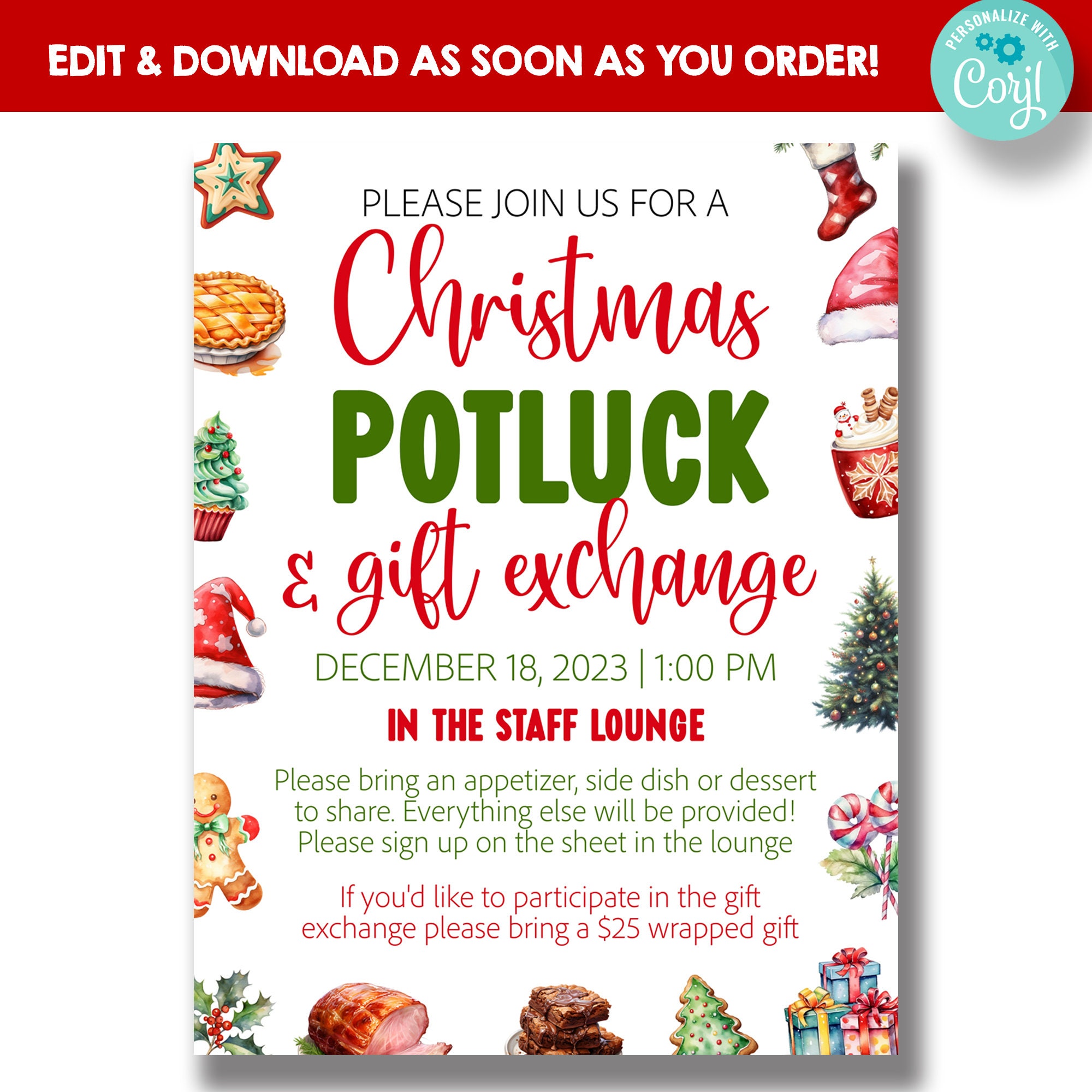 EDITABLE Christmas Potluck Flyer | Christmas Potluck Sign up Sheet ...